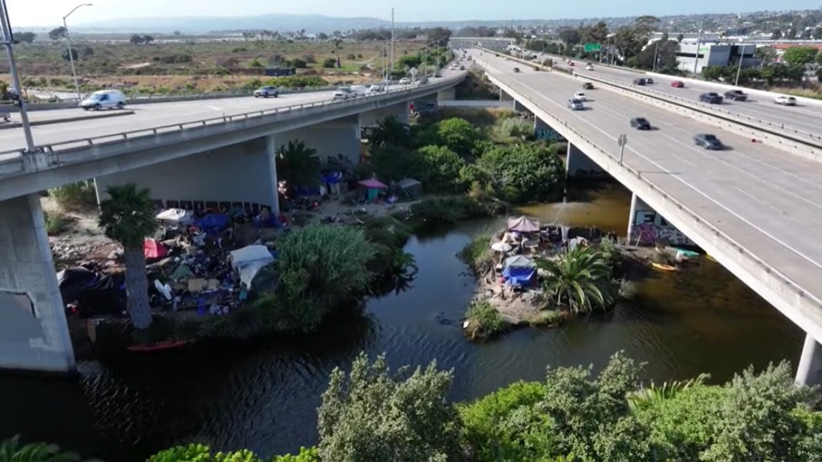 Drone video captures large homeless encampment under I-5 near SeaWorld ...