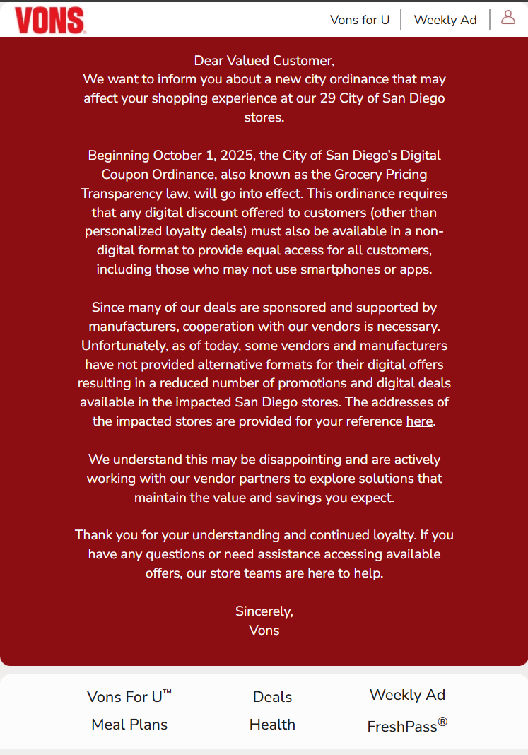 Albertsons, Vons, Pavilions say San Diego coupon law limits deals – NBC 7 San Diego