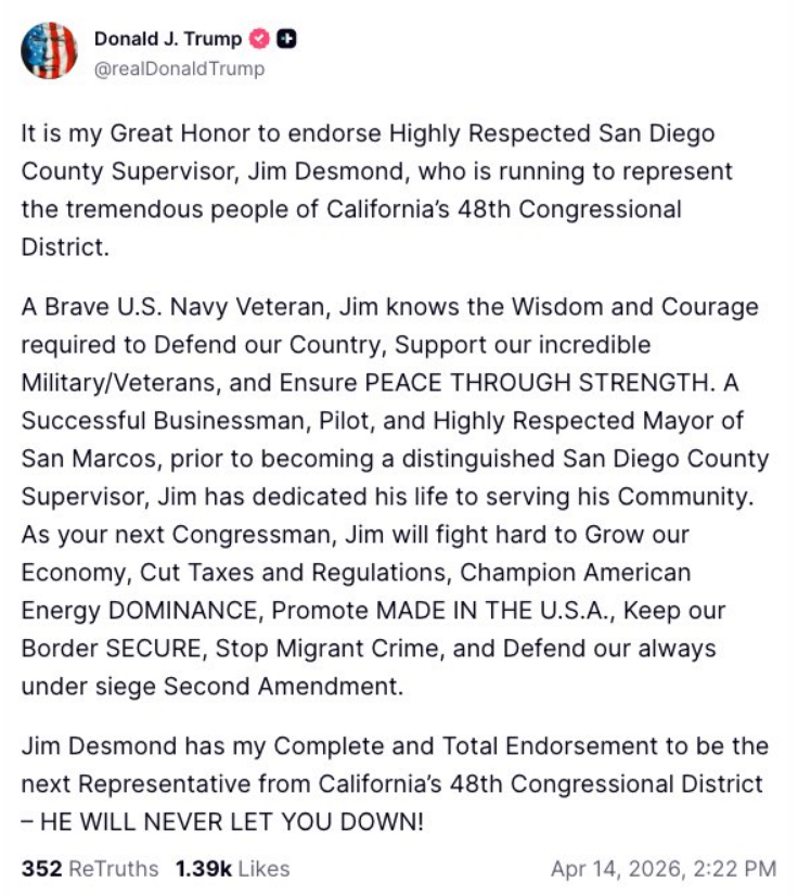 Trump endorses Desmond in 48th Congressional District race – NBC 7 San ...